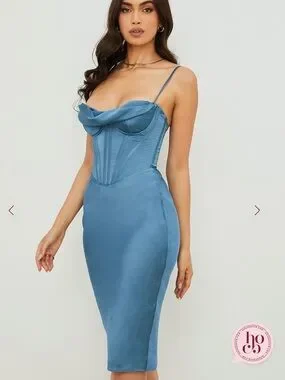House of CB | Dresses | House Of Cb Dusty Blue Satin Corset Midi Dress ...